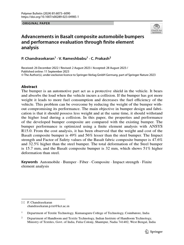 Advancements in Basalt Composite Automobile Bumpers and Performance Evaluation Through Finite ...