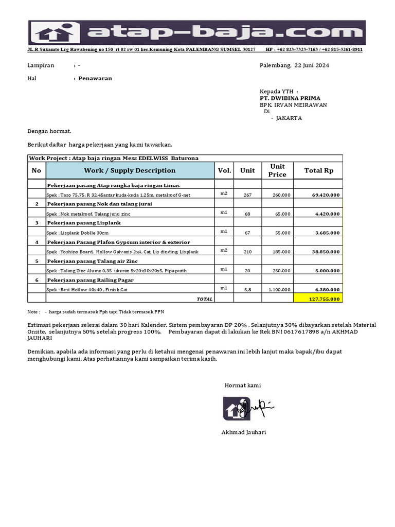 Penawaran Atap Baja Mess Edelwiss | PDF