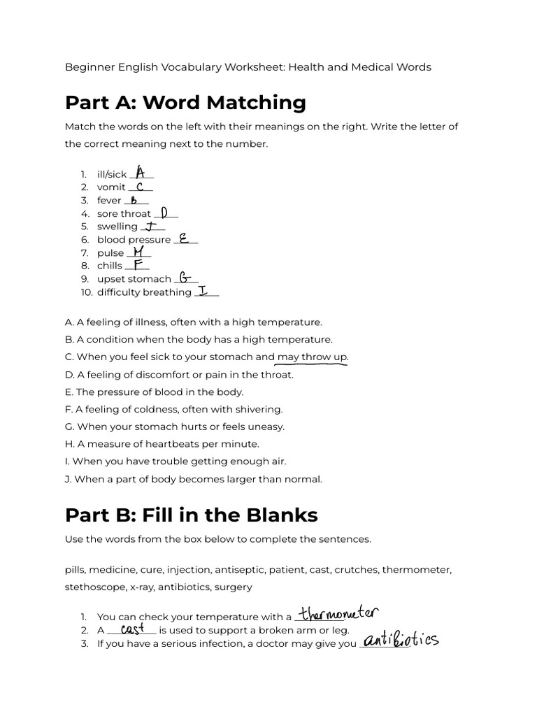 Beginner English Vocabulary Worksheet Health and Medical Words | PDF ...
