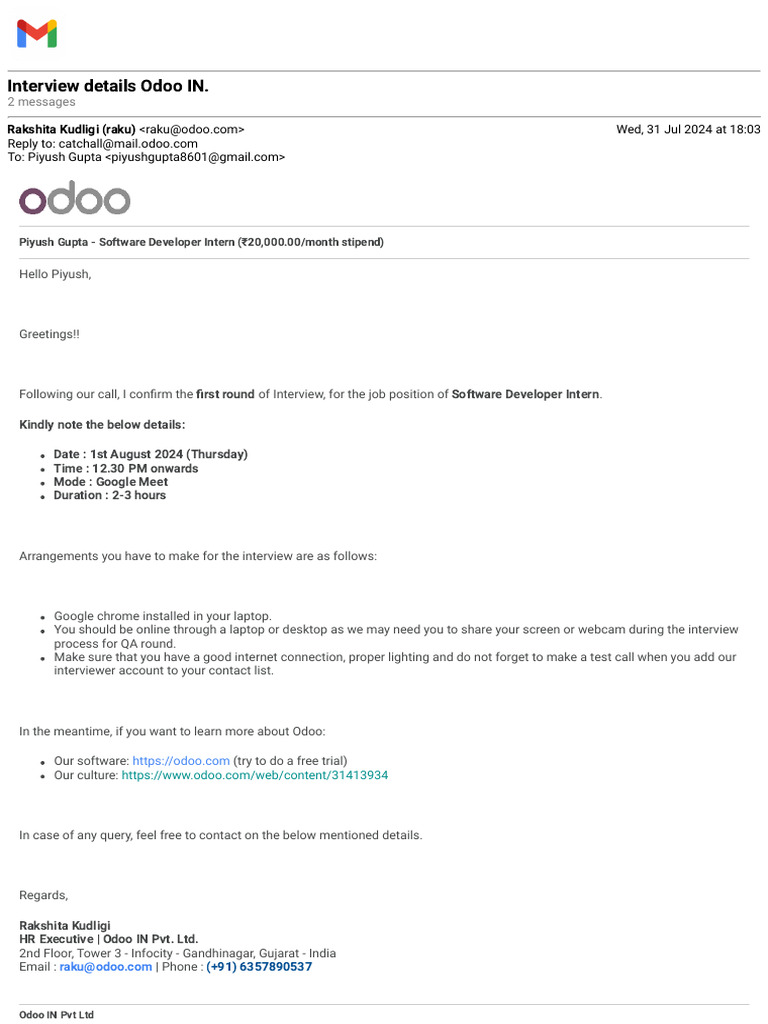 Gmail - Interview Details Odoo In. | PDF | Online Services | Internet
