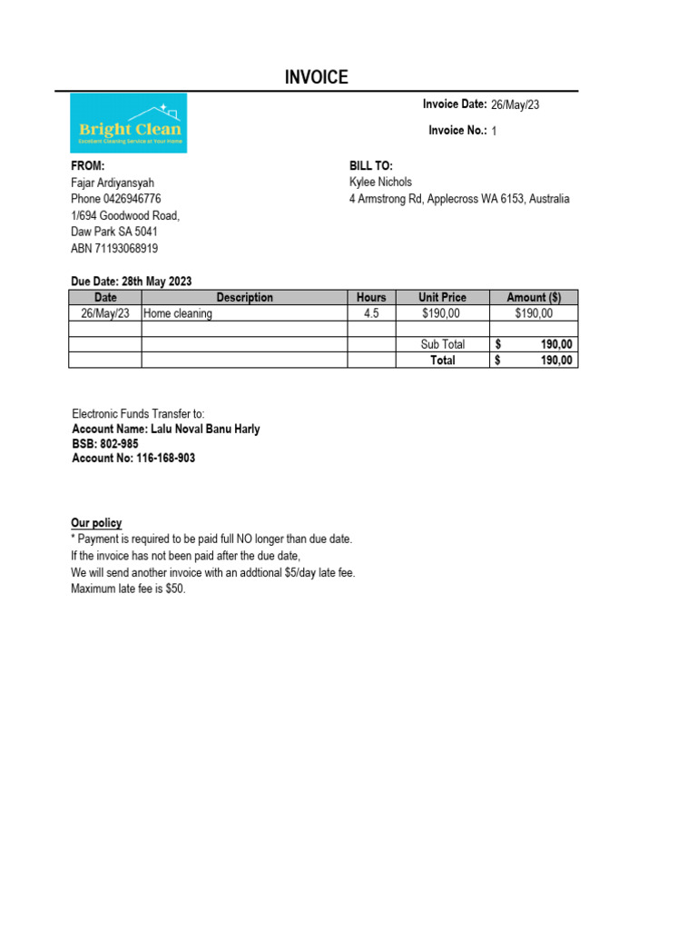 Invoice 01_Kylee_Applecross | PDF