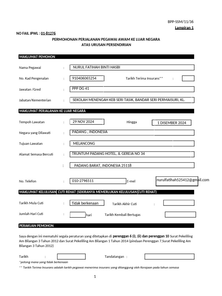 Borang Ke Luar Negara JPWP KALI 8 PADANG INDO | PDF