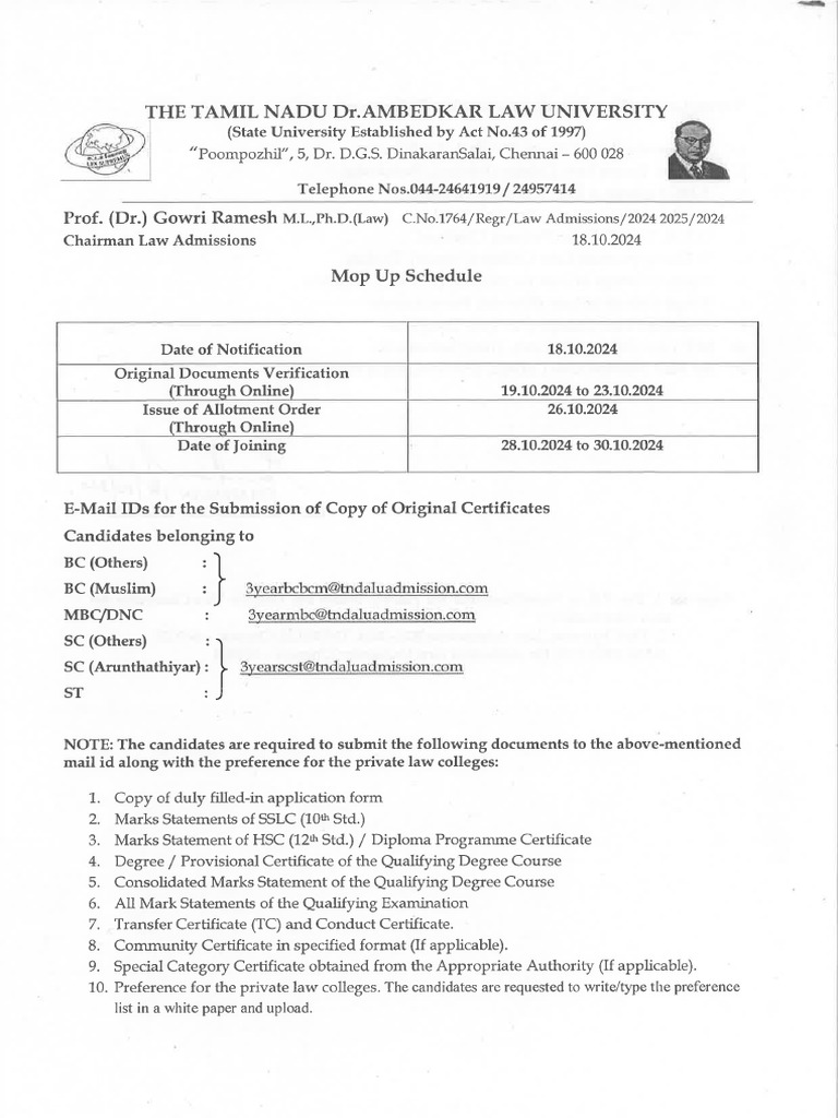 3 Year LLB Degree Course Mop Up Counselling Notification 2024 2025 | PDF