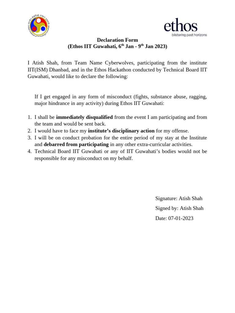 Ethos Declaration Form | PDF