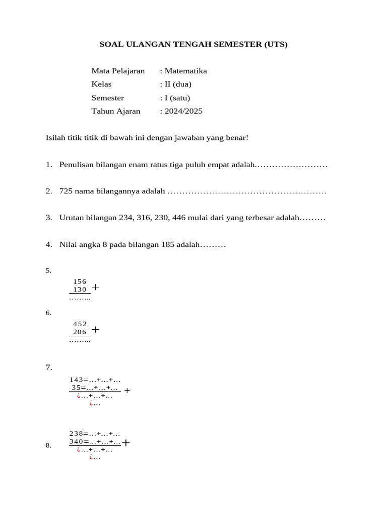 Soal MTK Kls 2 Sem. 1 2024-2025 | PDF