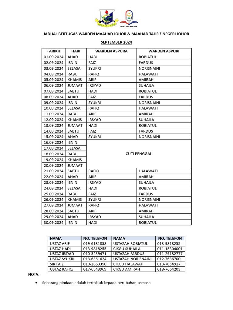 Jadual Bertugas Warden September 2024 | PDF