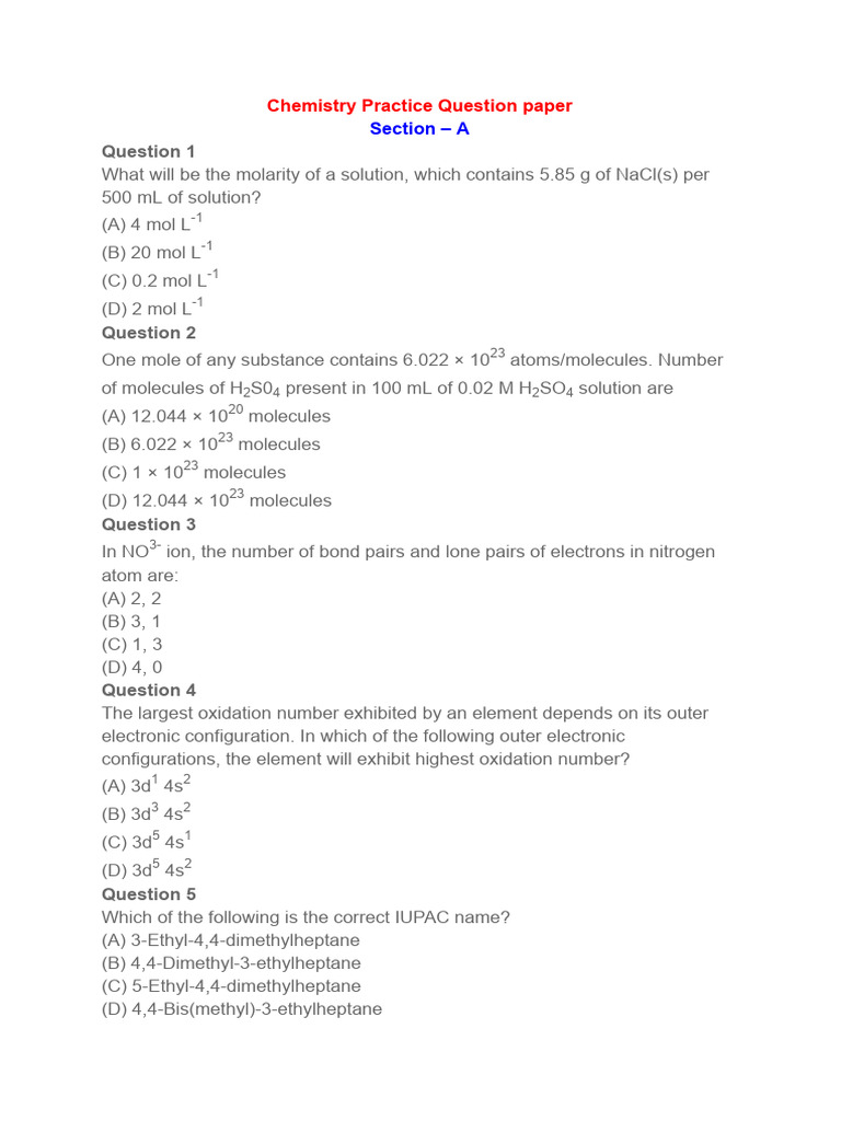 Class 11 Revision Paper 23-24 | PDF | Atoms | Electron