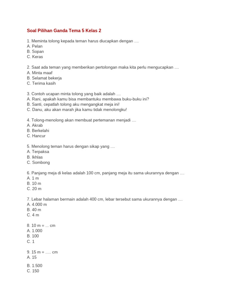 Soal Pilihan Ganda Tema 5 Kelas 2 | PDF | Griya & Taman | Puisi