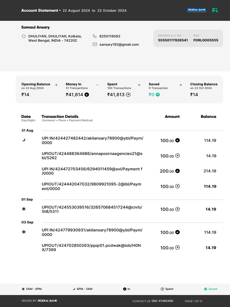 Federal Bank - Savings Account Statement 22 Aug 2024 - 22 Oct 2024 - Unlocked | PDF | Payments ...