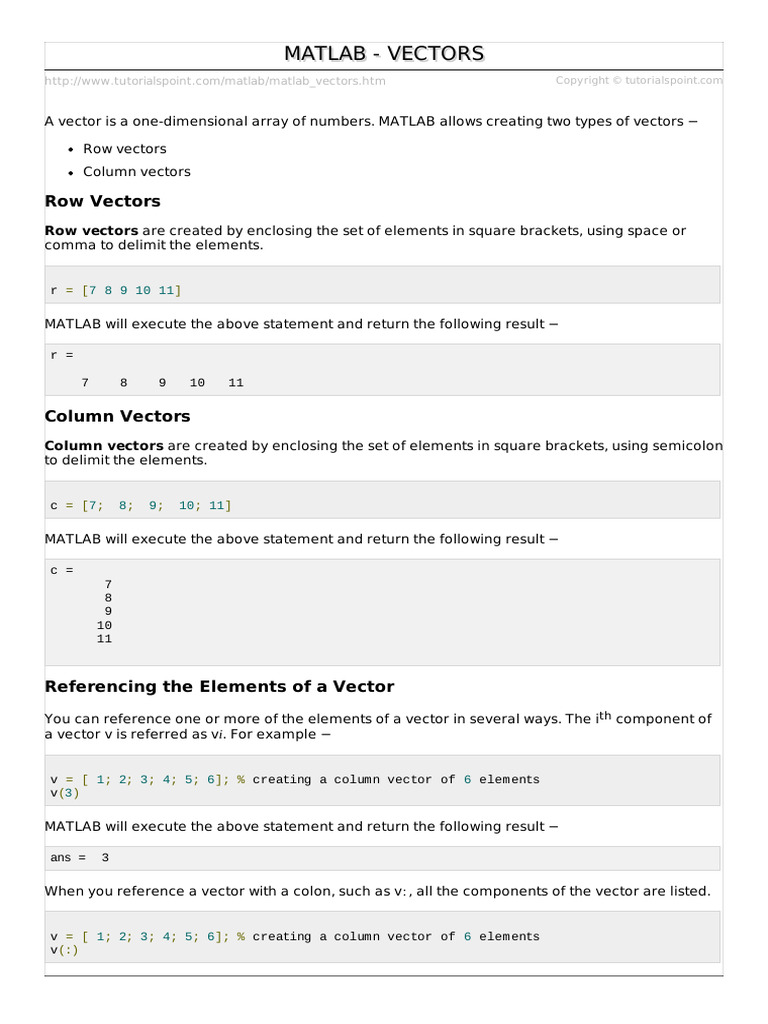 MATLAB Vectors: Creation & Operations | PDF