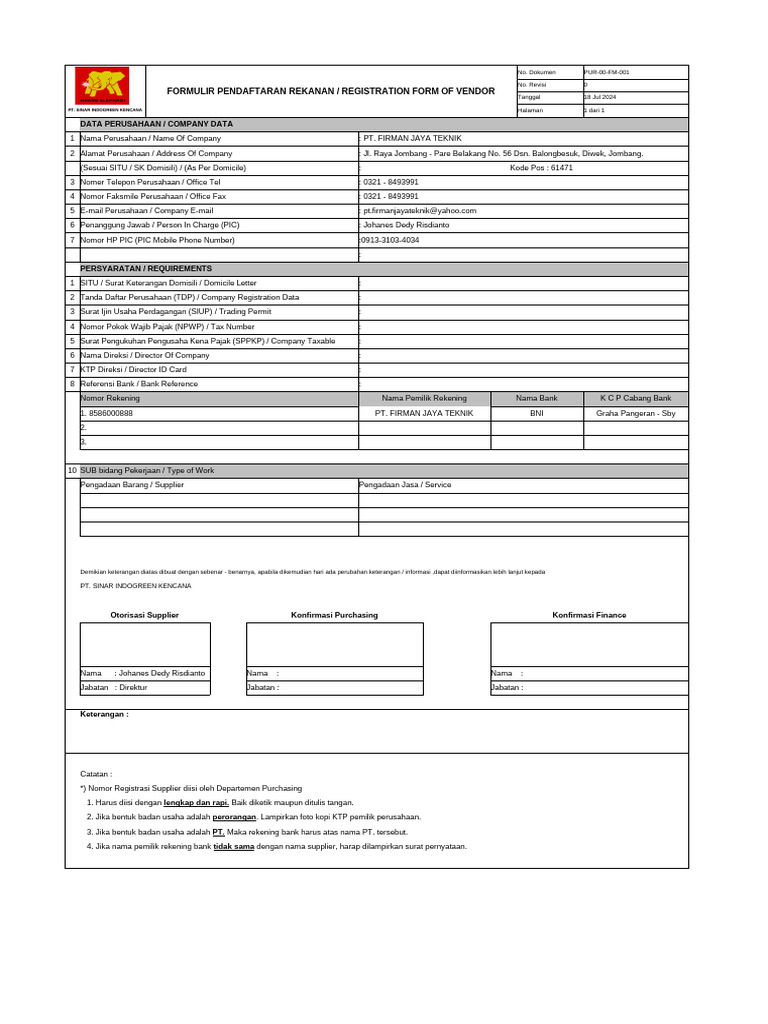 01 FORM Registrasi Supplier | PDF