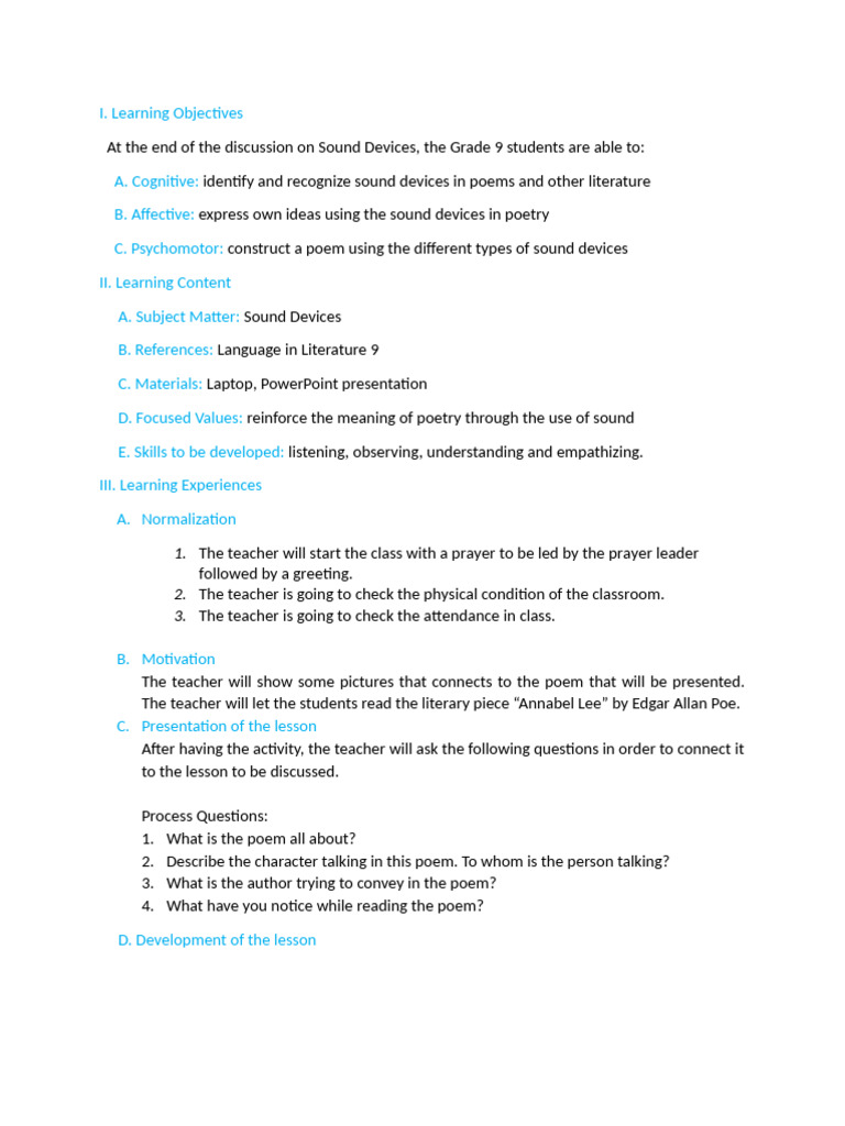 Semi-Detailed Lesson Plan - SOUND DEVICES | PDF | Poetry | Rhyme