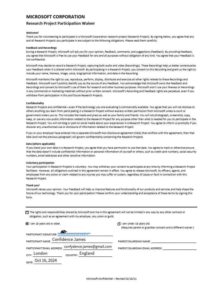 Microsoft Research Participation Waiver | PDF | Non Disclosure ...