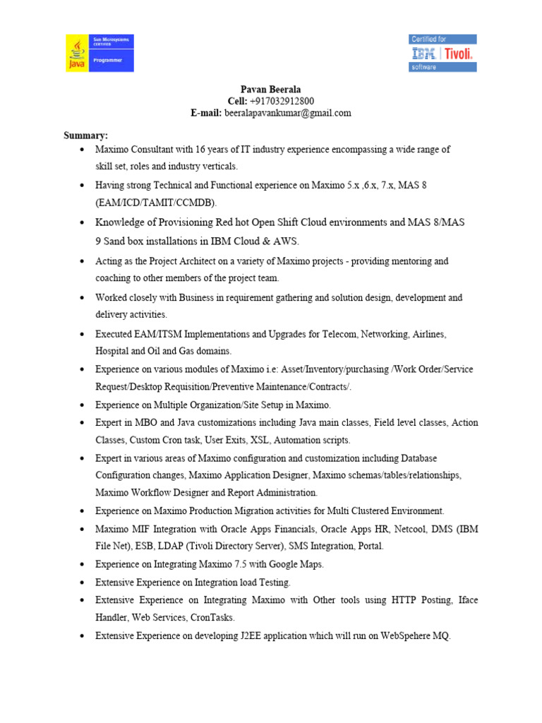 Pavan Beerala - Maximo B8 | PDF | Ibm Db2 | Computing