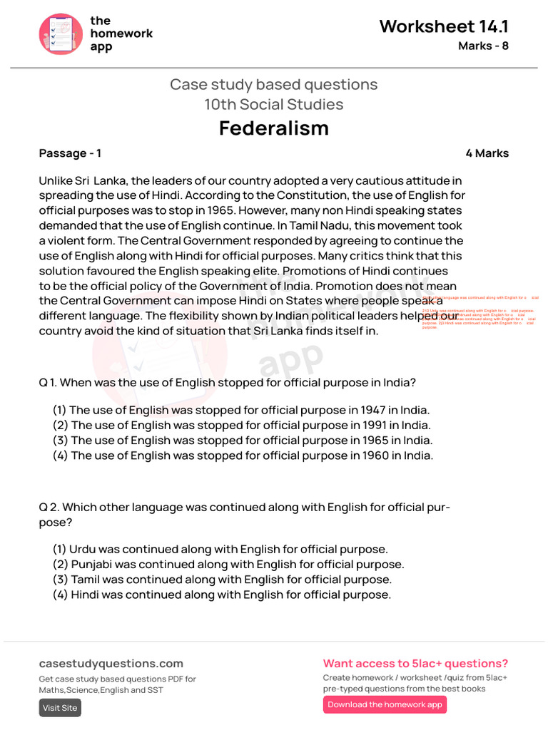 (Worksheet 14.1) - (Federalism) | PDF | Languages Of India | South Asia