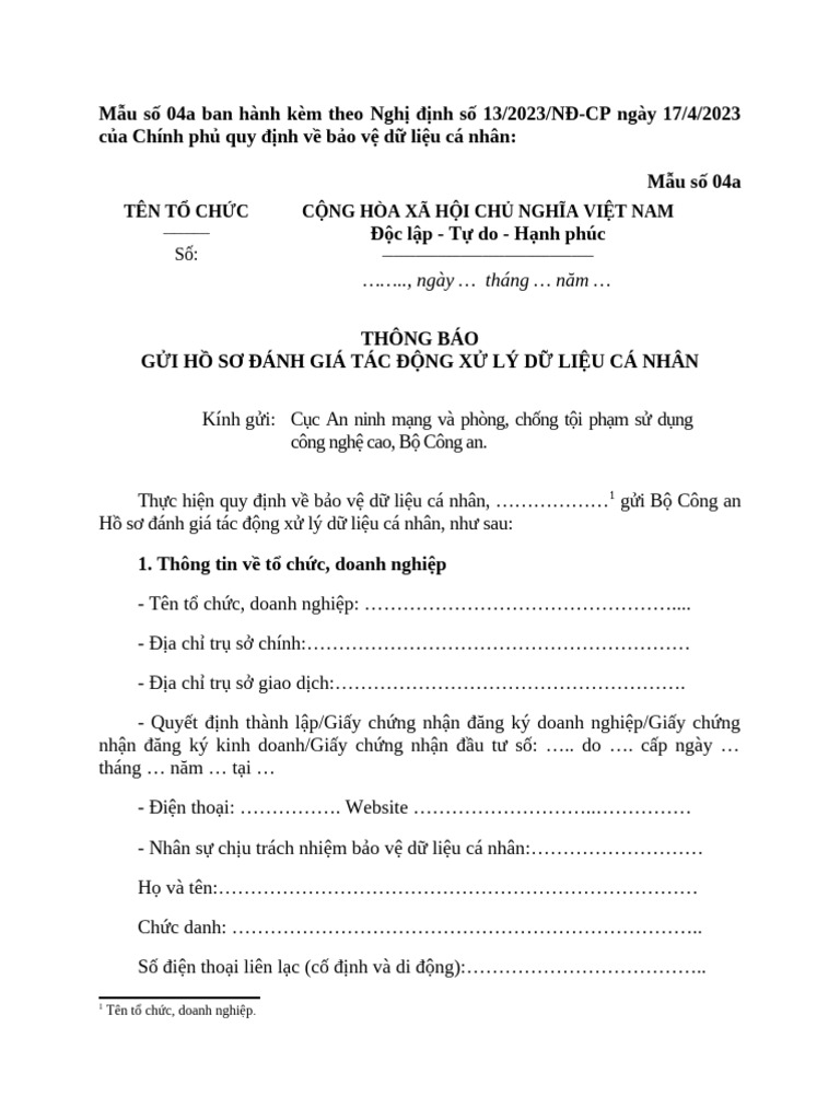 Mẫu Số 04a - Nghị Định Số 13.2023 | PDF