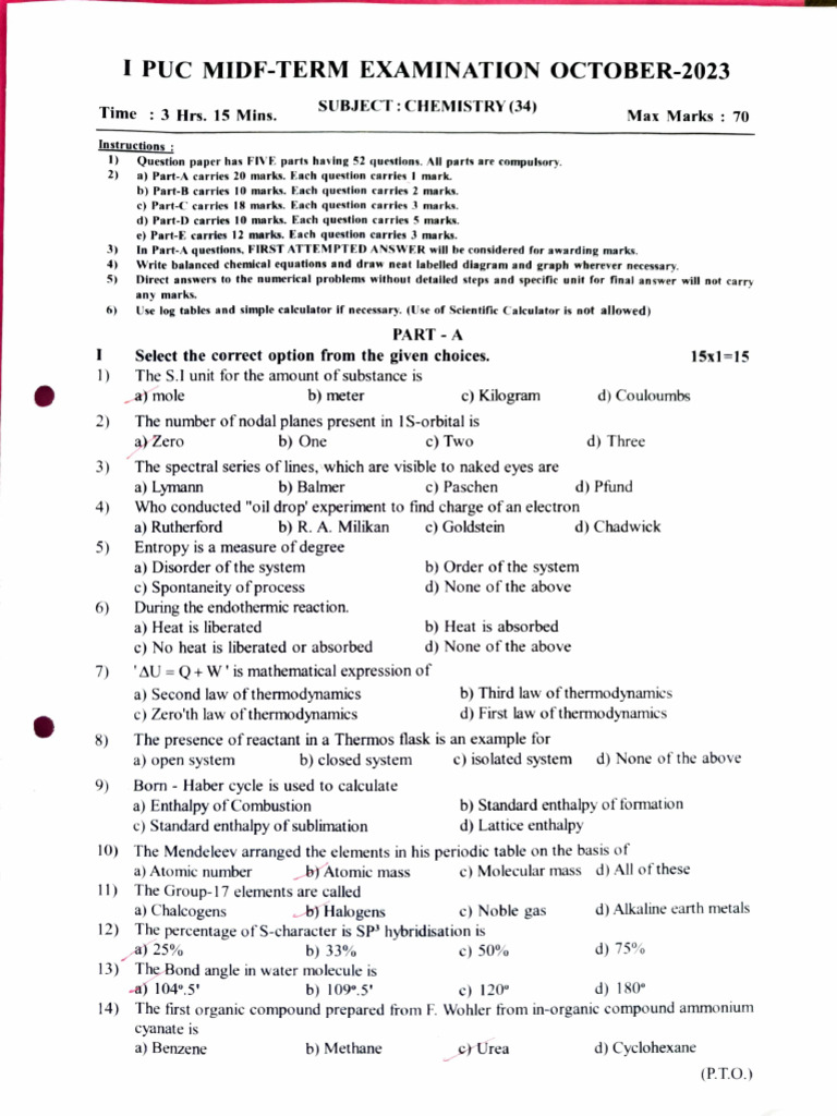 I PUC Chemistry Mid Term QP 2023 | PDF | Chemical Bond | Molecules