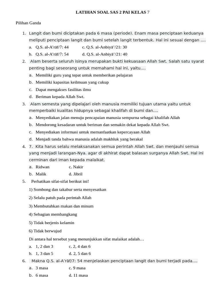 Latihan Soal SAS PAI Kelas 7 | PDF | Agama & Spiritualitas