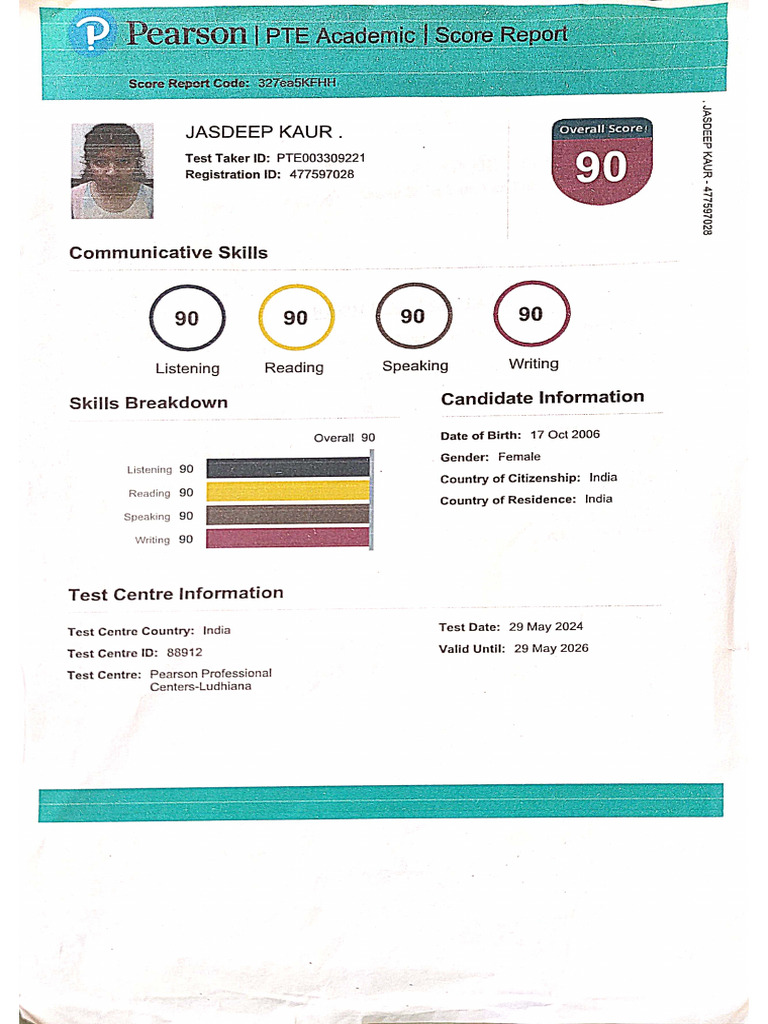 PTE Result Jasdeep | PDF