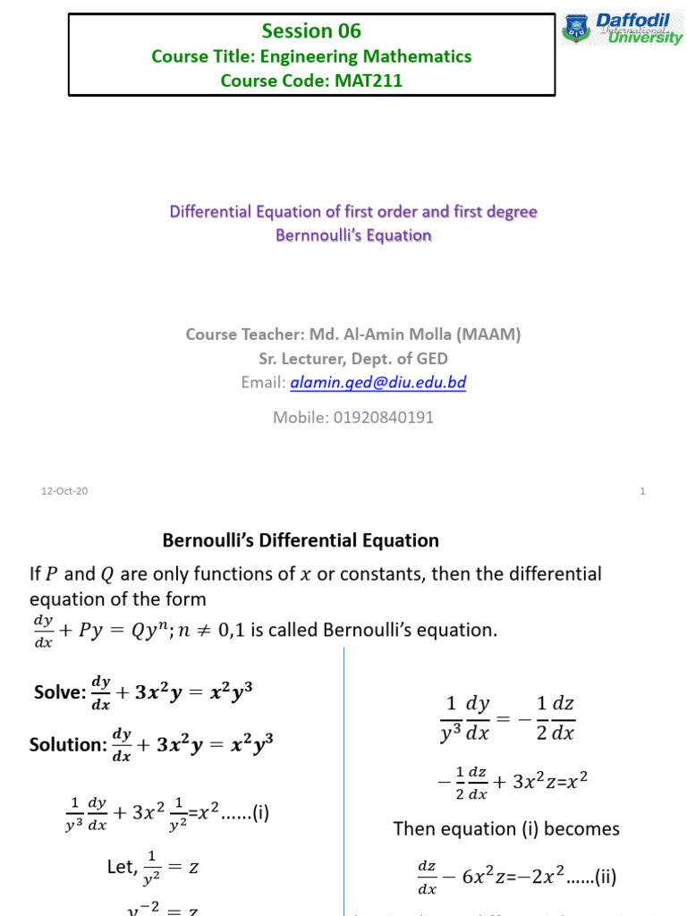 Session 06 Bernoulli S Differential Equation Maam Pdf Equations