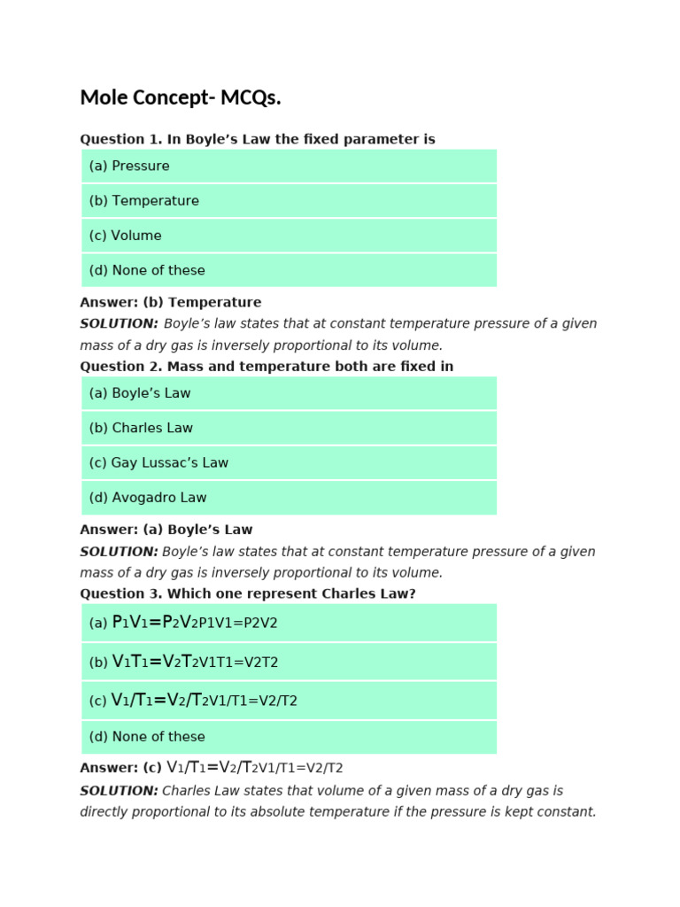 Mole Concept MCQs for Chemistry Exam | PDF | Gases | Molecules