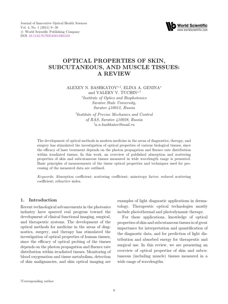 Bashkatov Et Al 2011 Optical Properties of Skin Subcutaneous and Muscle ...