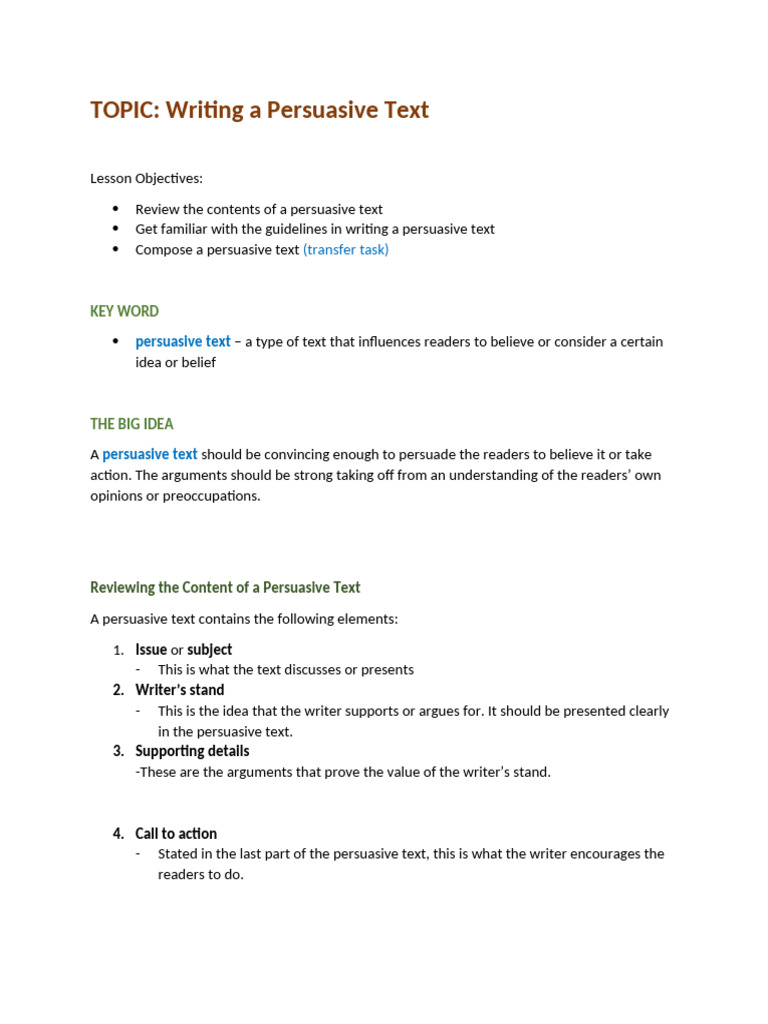 Writing A Persusaive Text Notes | PDF | Persuasion | Idea