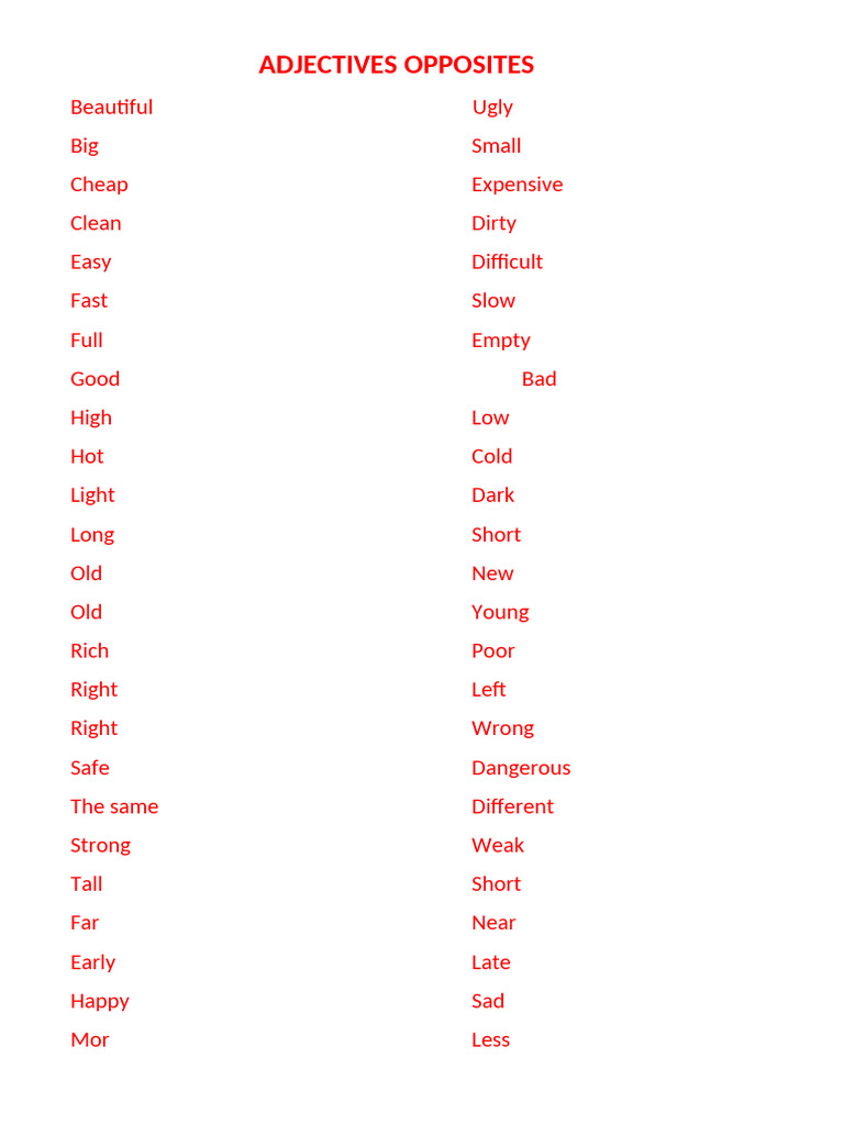 Adjectives Opposites | PDF
