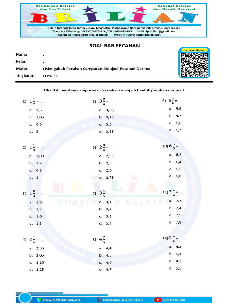 Soal Mengubah Pecahan Campuran Menjadi Desimal Level 1 | PDF