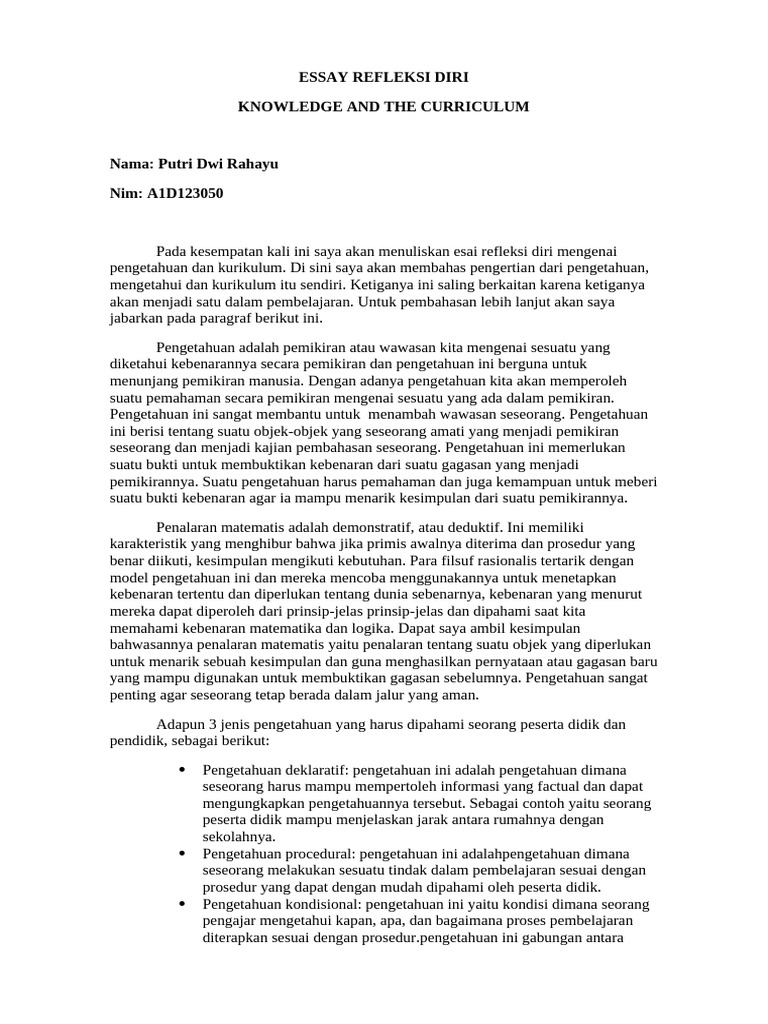 ESSAY REFLEKSI DIRI Knowinglwdge and Kurrikulum | PDF | Karier ...