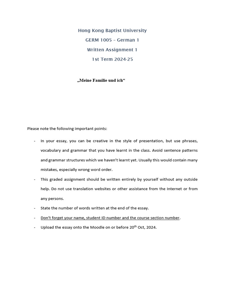 German 1 Germ I005 Writing Task 1 (2024-25) T1 | PDF