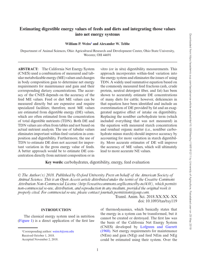Weiss paper on Gross energy calculation 2018 | PDF | Dietary Fiber ...