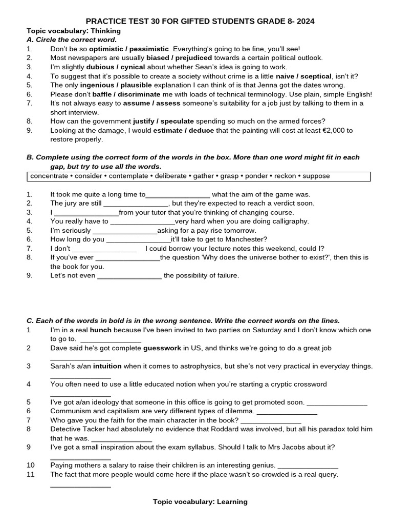 Practice Test 30 For Gifted Students Grade 8 | PDF | Career & Growth ...