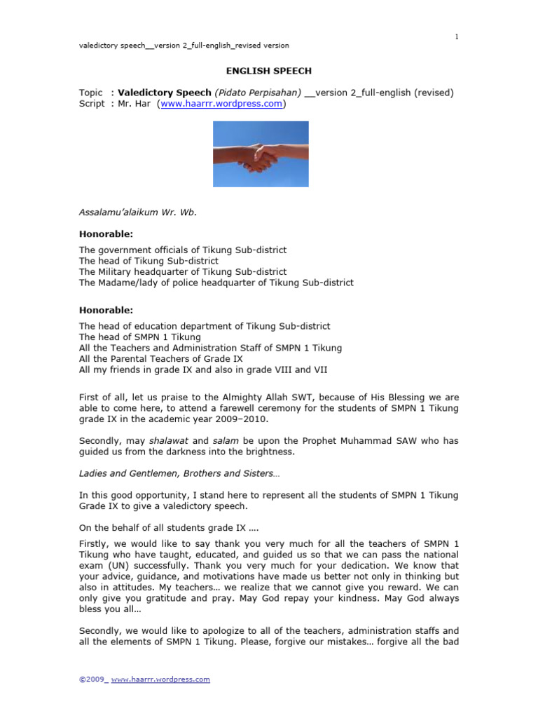 English-Speech Valedictory Farewell Version2 | PDF | Language Arts ...