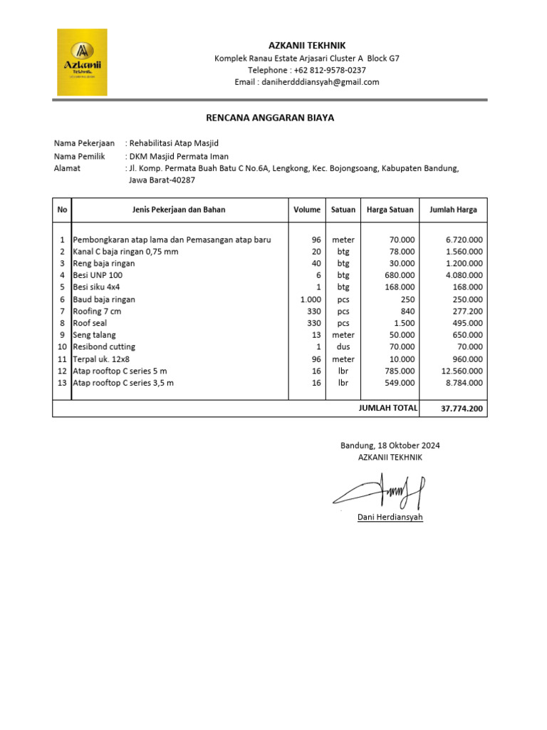 RAB Rehabilitasi Atap Masjid Bandung | PDF