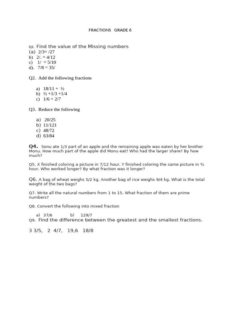 FRACTIONS Test GRADE 6 | PDF | Cooking, Food & Wine