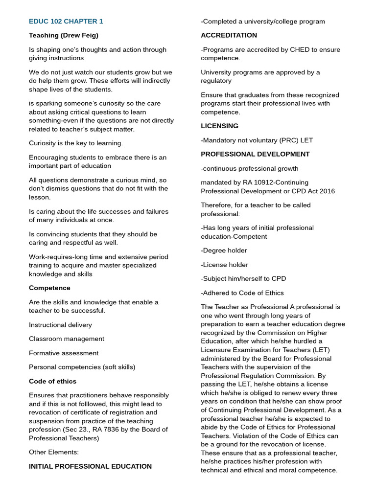 educ 102 reviewer | PDF | Teachers | Professional Development educ 102 reviewer | PDF | Teachers | Professional Development