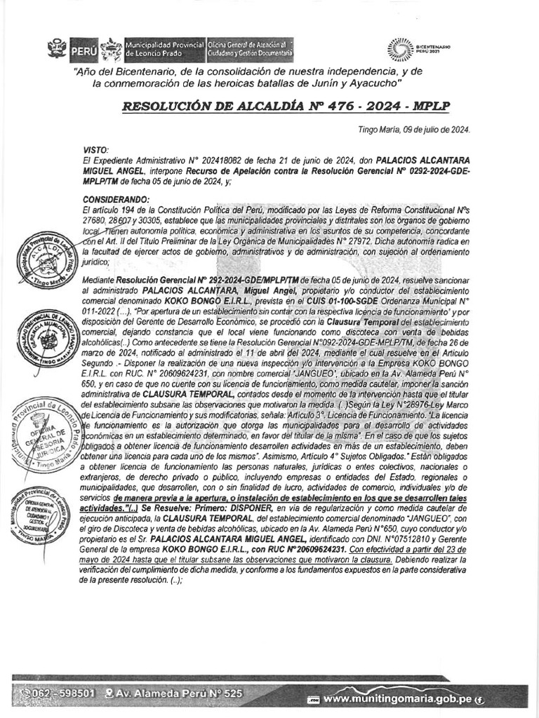 Resolución de Alcaldia #476-2024-Mplp | PDF