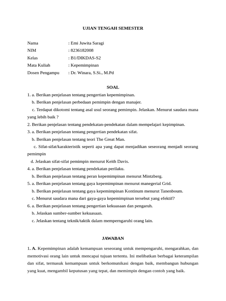 UTS Kepemimpinan - Emi Juwita Saragi - 8236182008 - B1 S2 DIKDAS | PDF