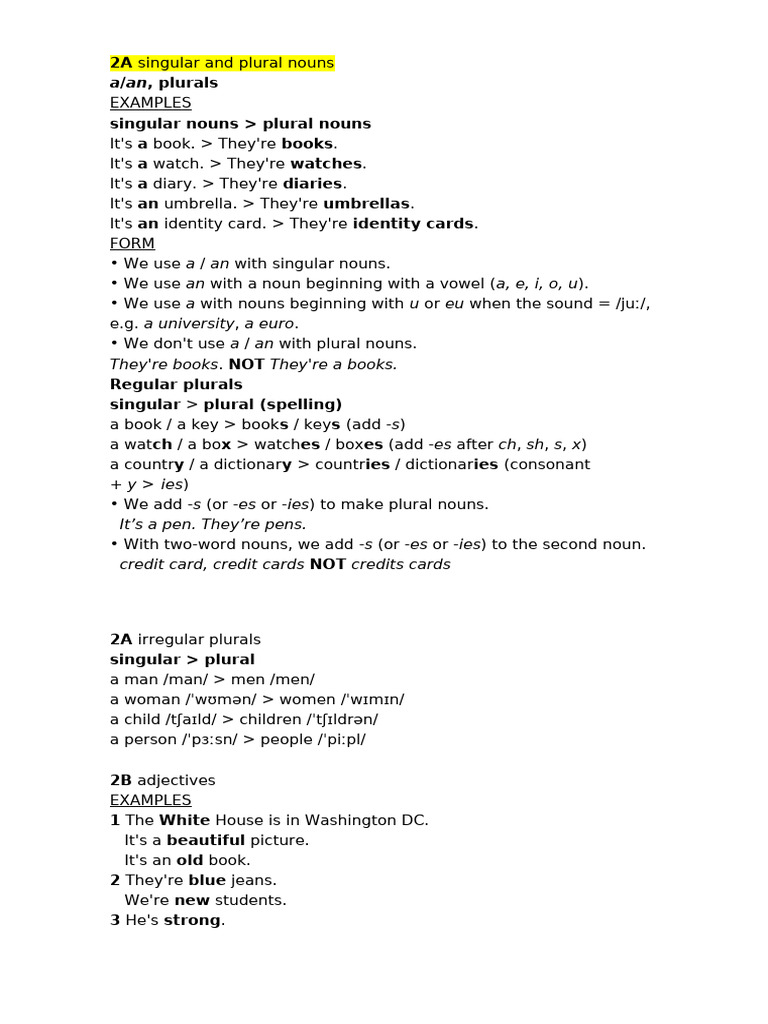 Grammar 2A | PDF | Adjective | Plural