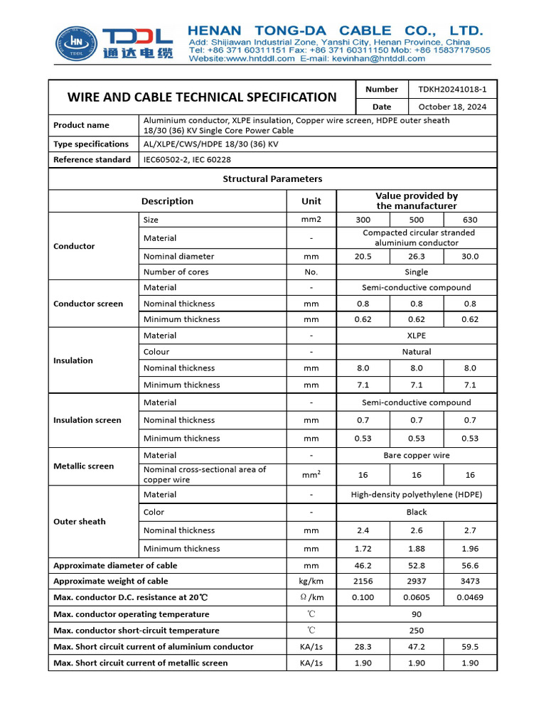 18/30 KV Single Core Power Cable Specs | PDF | Electrical Conductor ...