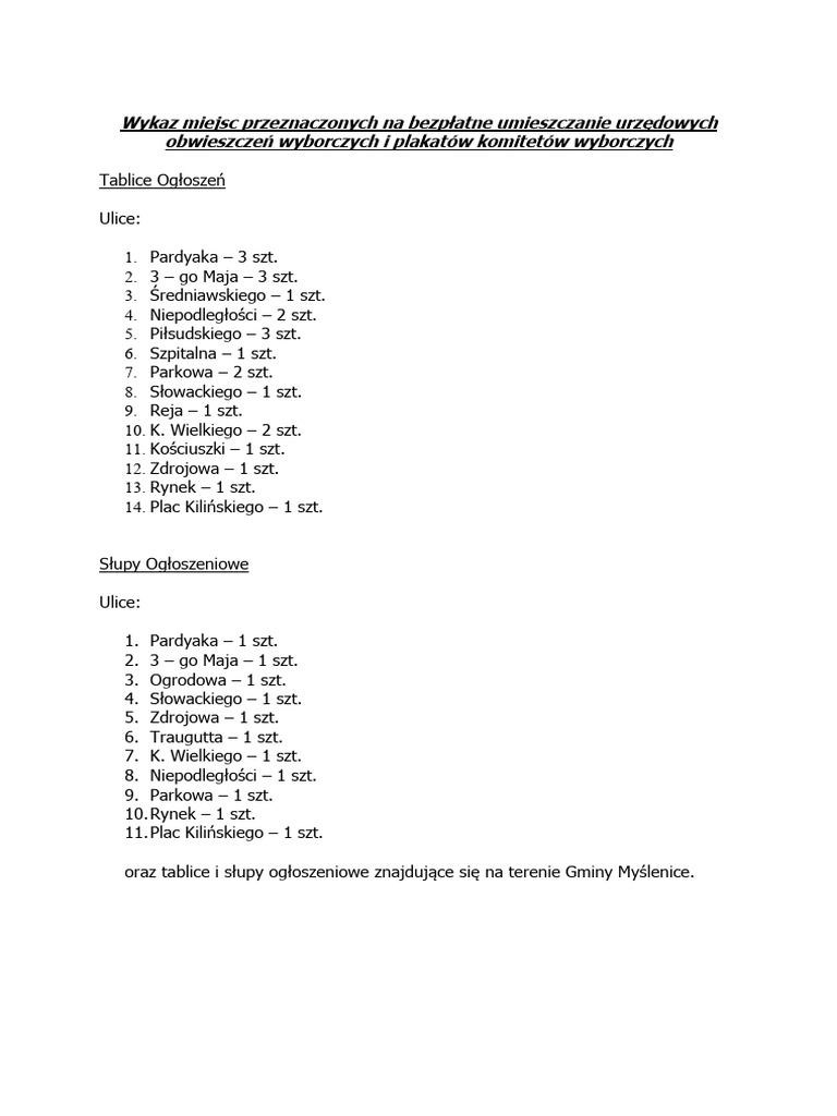 Wykaz Slupow i Tablic Ogloszeniowych | PDF