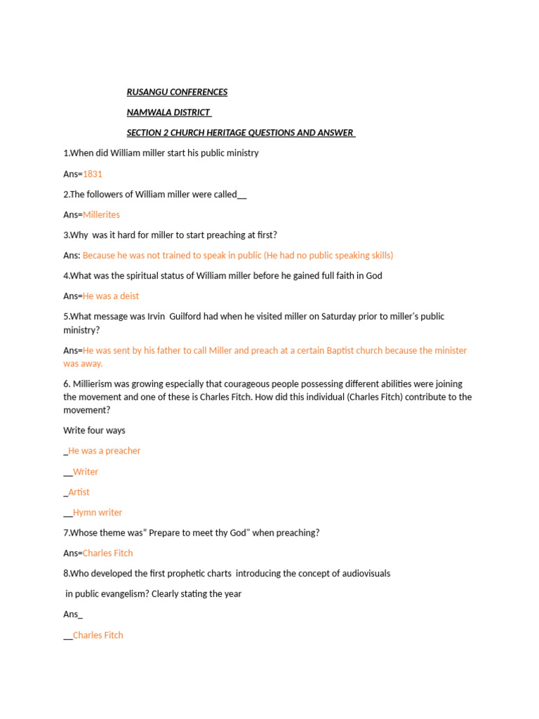 Church Heritage Questions and Answers Section 2 | PDF | Religious ...
