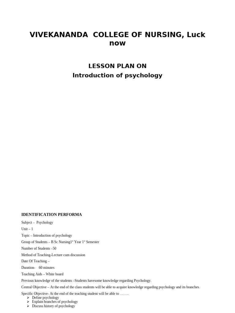 Psychology Introduction Lesson Plan | PDF | Psychology | Clinical ...