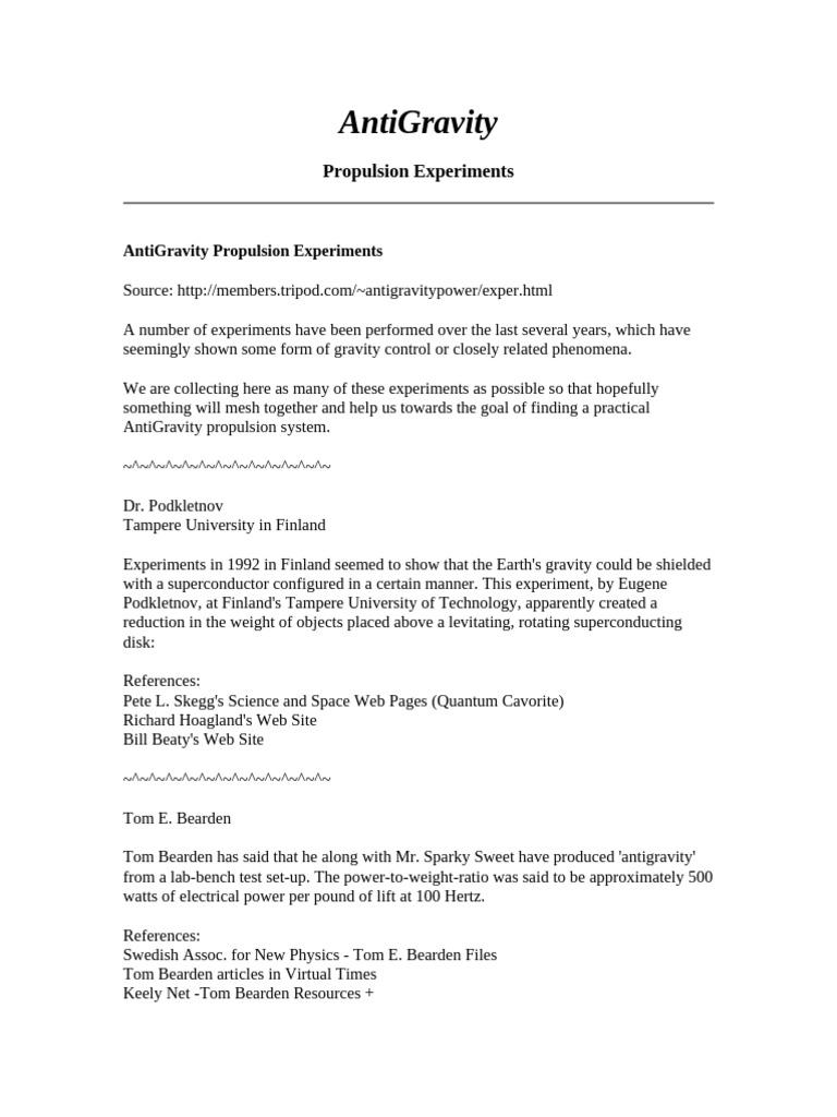 Antigravity Propulsion Experiments | PDF | Capacitor | Mass