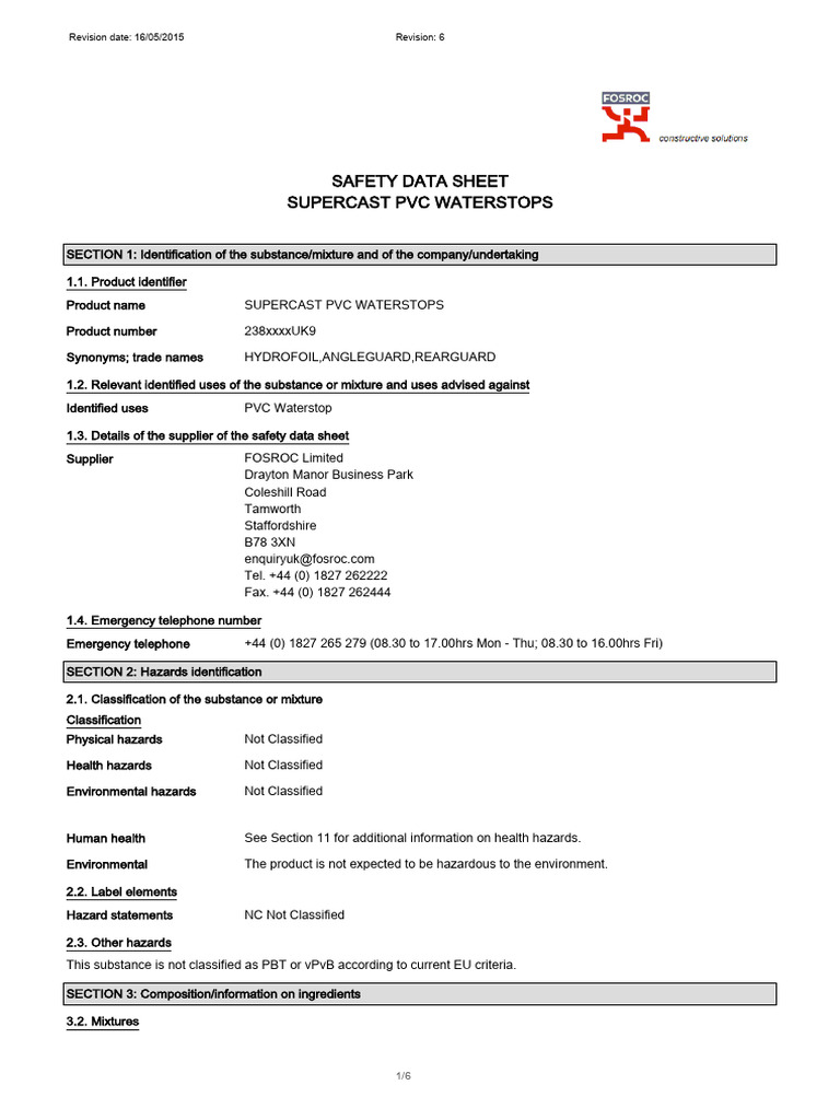 Supercast PVC Waterstops MSDS | PDF | Dangerous Goods | Occupational Safety And Health