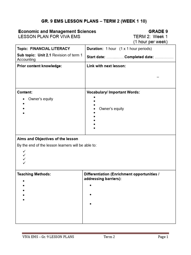 GR 9 Ems Lesson Plans Term 2 Week 1 10 | PDF | Demand | Economic ...