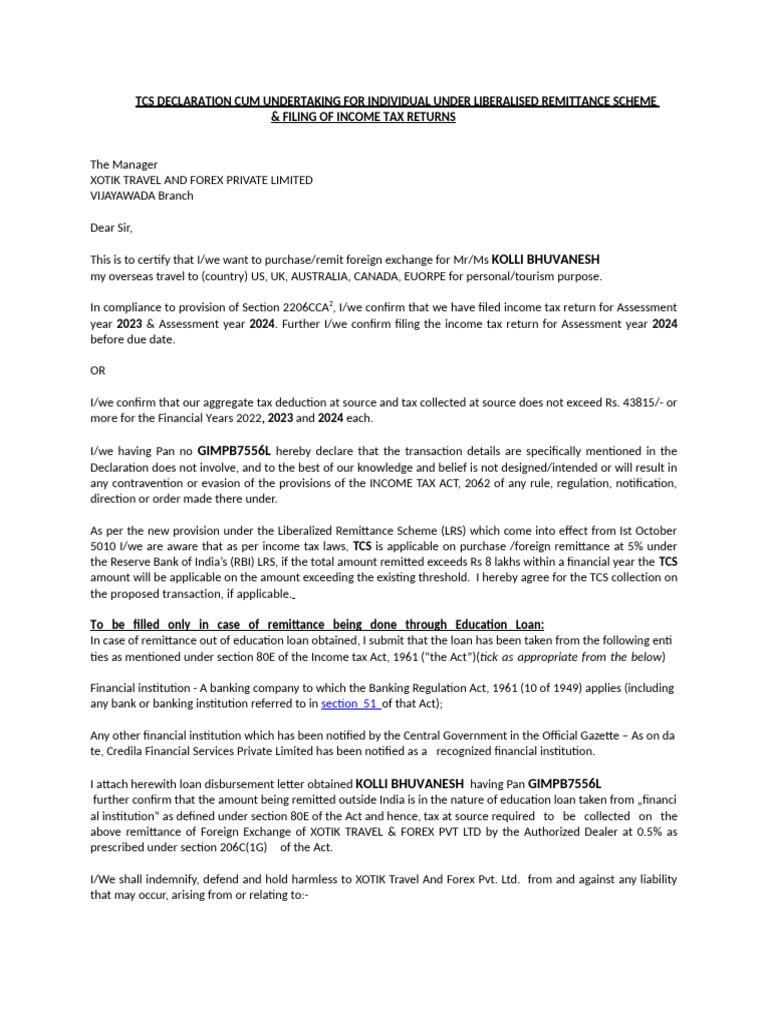 TCS Declaration for Foreign Remittance | PDF | Taxes | Indemnity