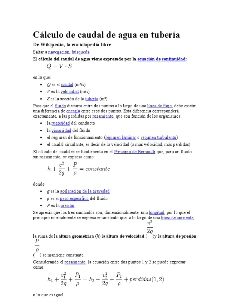 Fórmulas para calcular caudal en tuberías | PDF | Descarga (hidrología ...