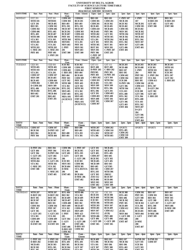 2024 - 2025 First Semester Faculty of Science Timetable Approved | PDF